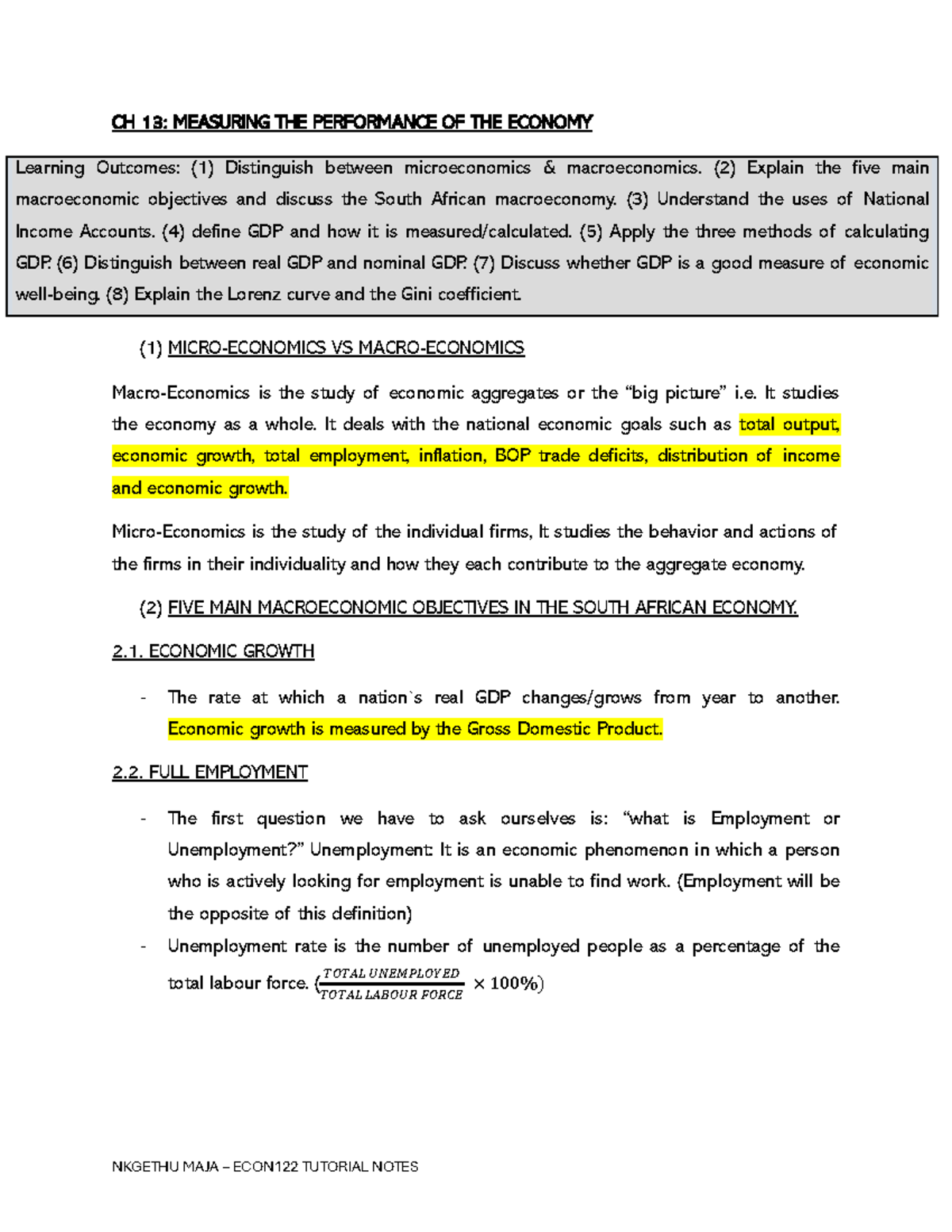 CH 13, 21 & 22 Notes - CH 13: MEASURING THE PERFORMANCE OF THE ECONOMY ...