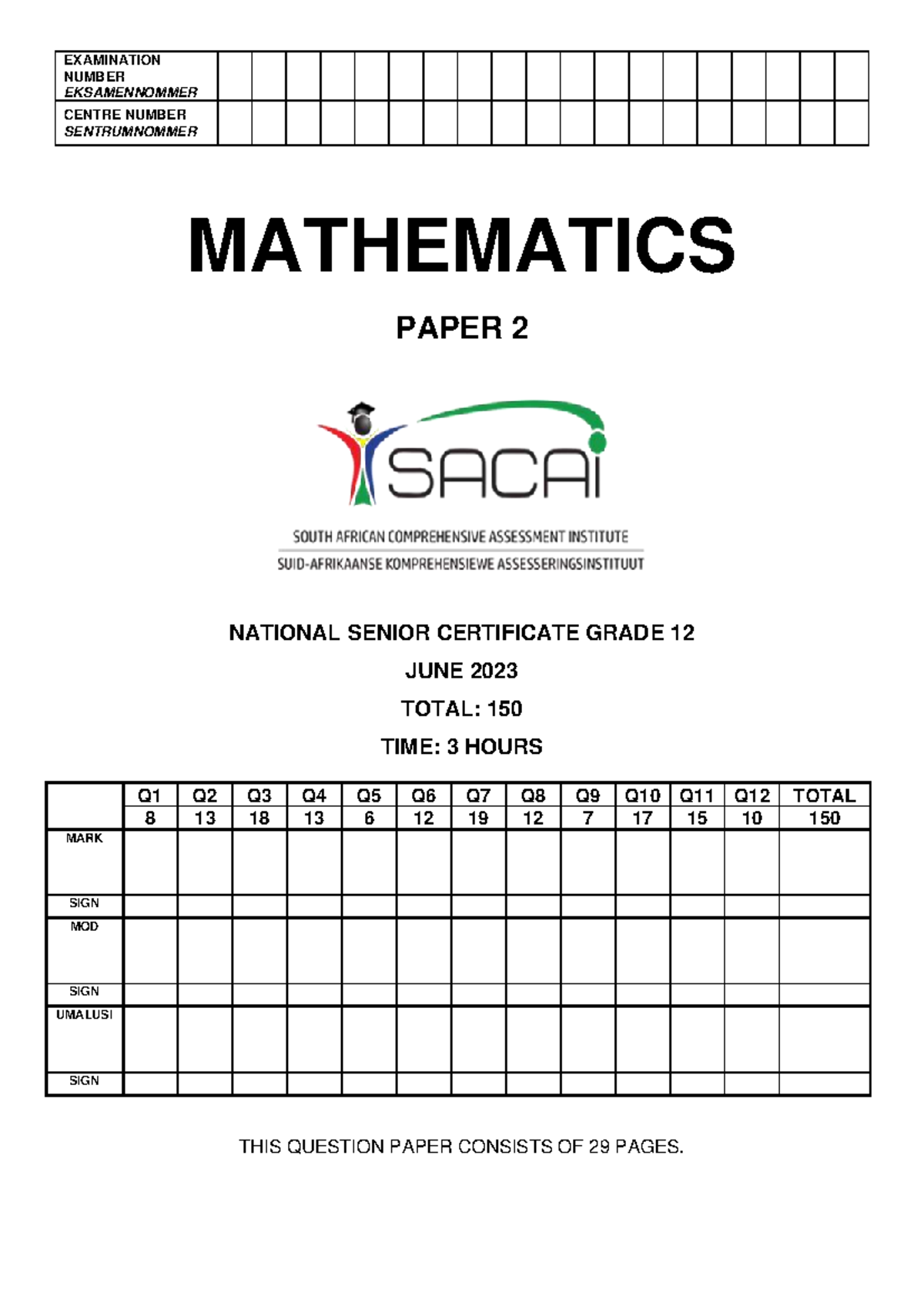 SACAI P2 June 2023: Mathematics Paper 2 Grade 12 Exam Questions - Studocu