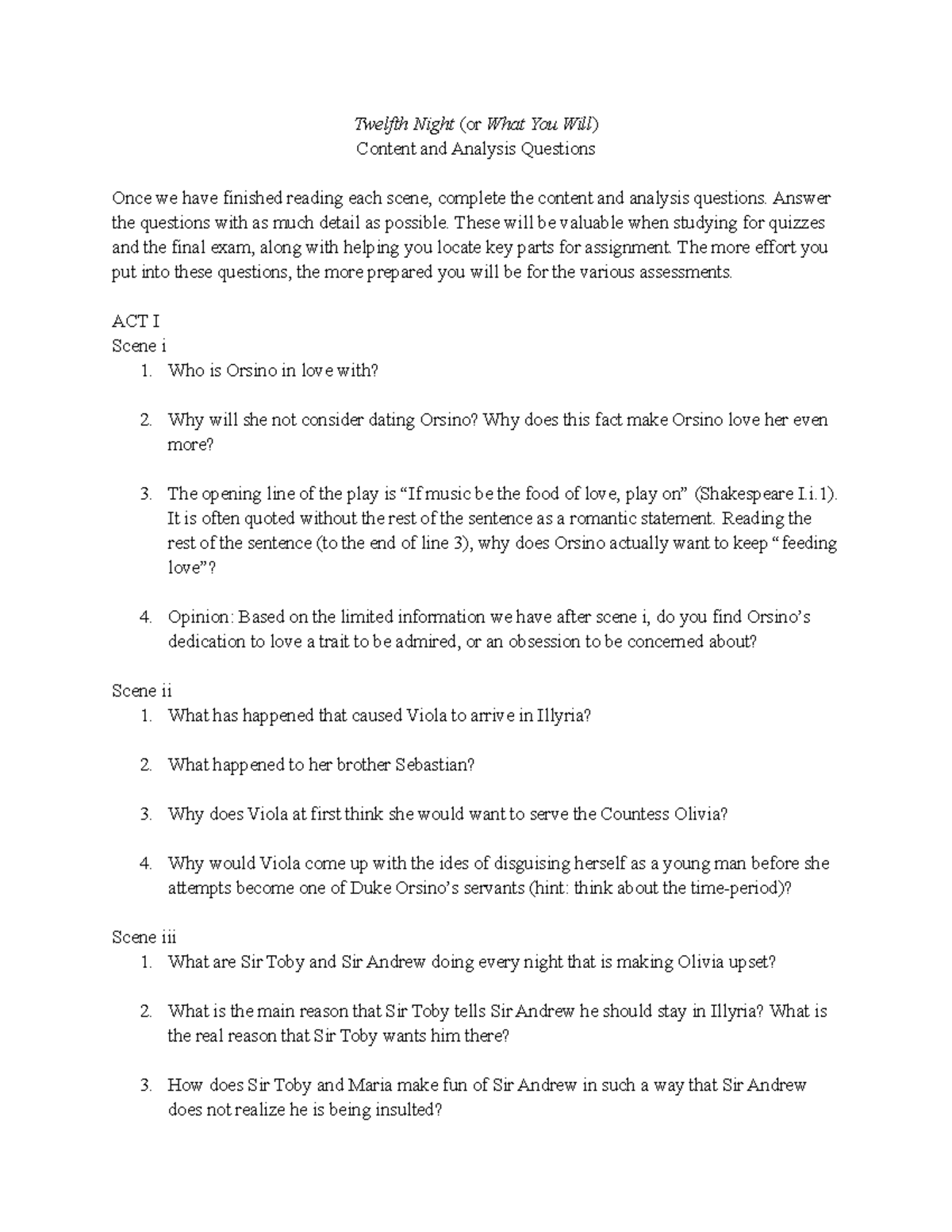 Twelfth Night (ENG 201) Content & Analysis Questions for Study - Studocu