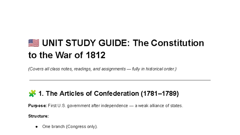🇺🇸 UNIT STUDY GUIDE: The Constitution to the War of 1812 Overview - Studocu