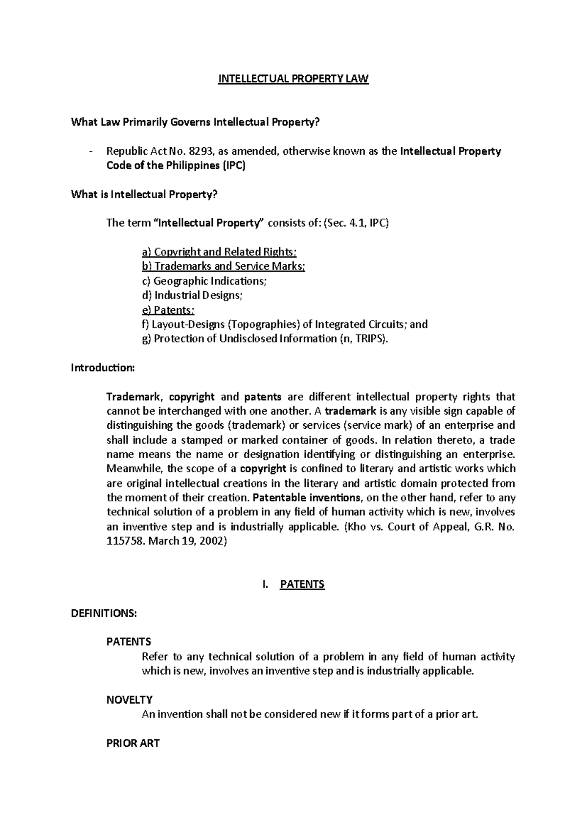 INTELLECTUAL PROPERTY LAW (IP) Overview of IPC and Key Concepts - Studocu
