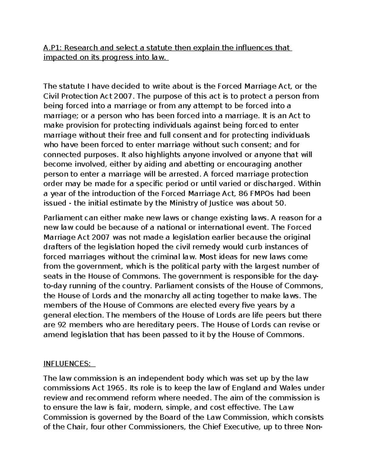 Unit 2 P1 - Analysis of the Forced Marriage Act 2007 in BTEC Law - Studocu