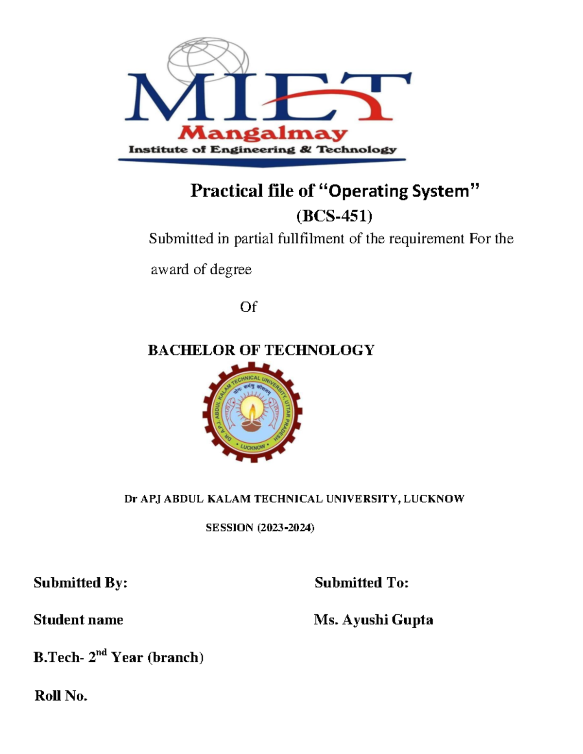 Operating System Lab Manual (BCS-451) - Practical File and Examples - Studocu