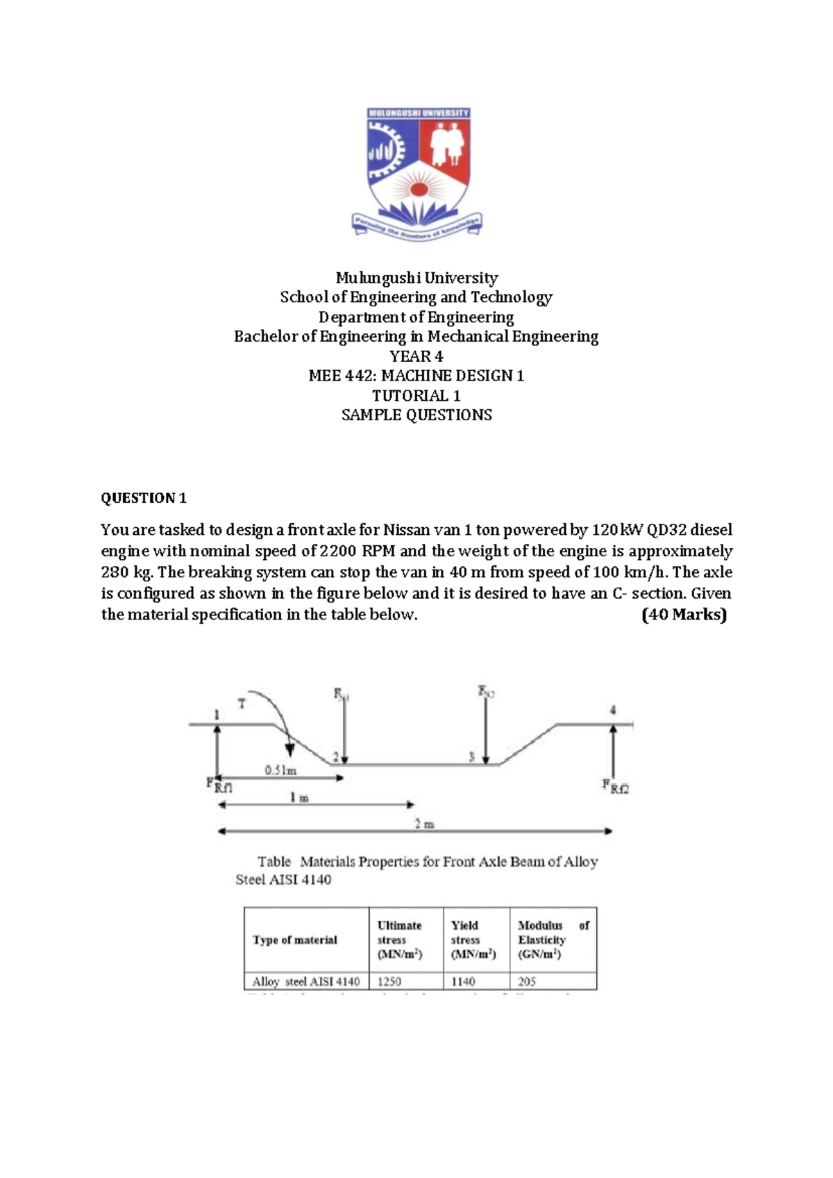 MEE 442: Machine Design 1 Tutorial 1 Sample Questions - Studocu