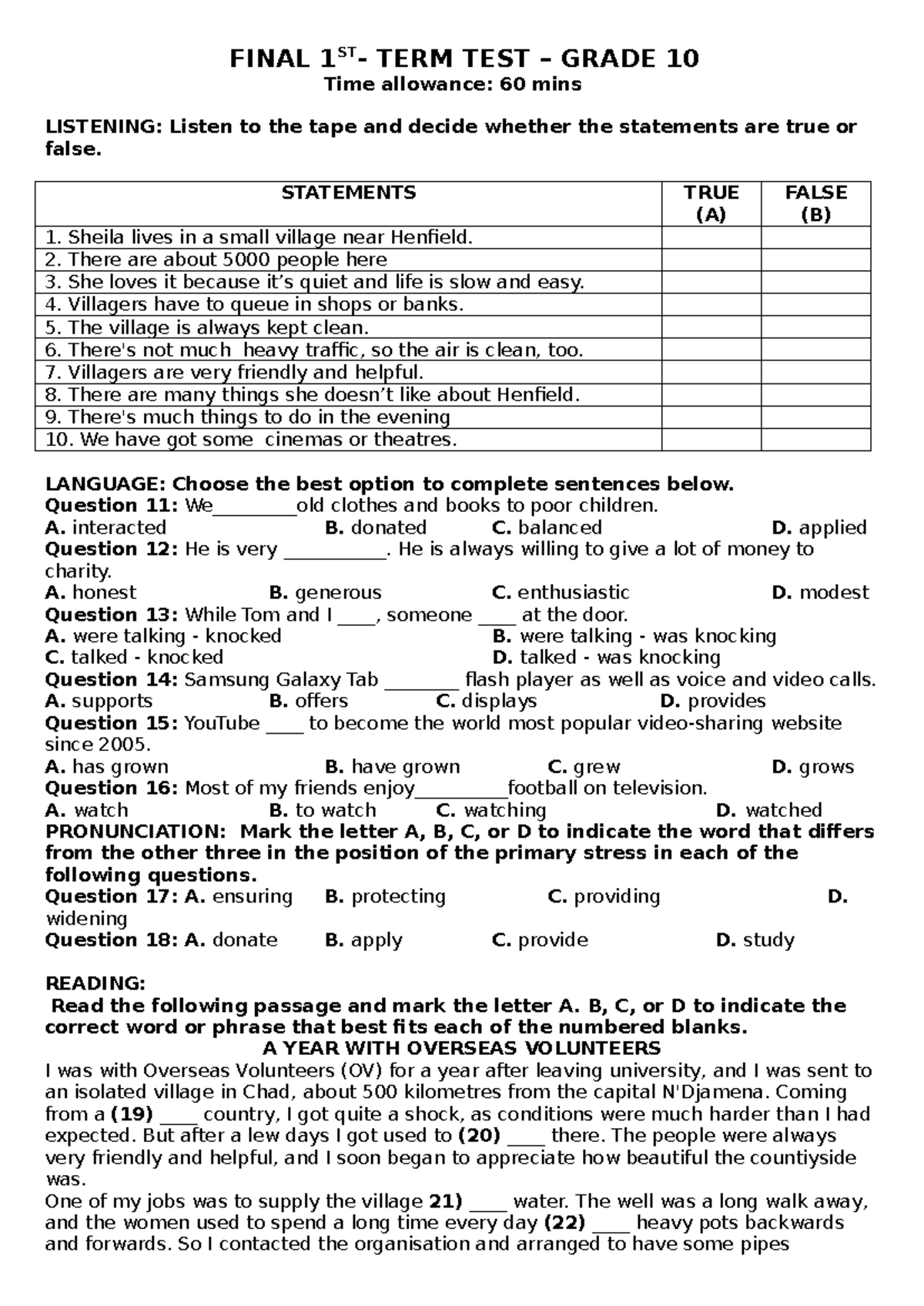 FINAL TERM TEST GRADE 10 - Listening, Language, Reading & Writing - Studocu