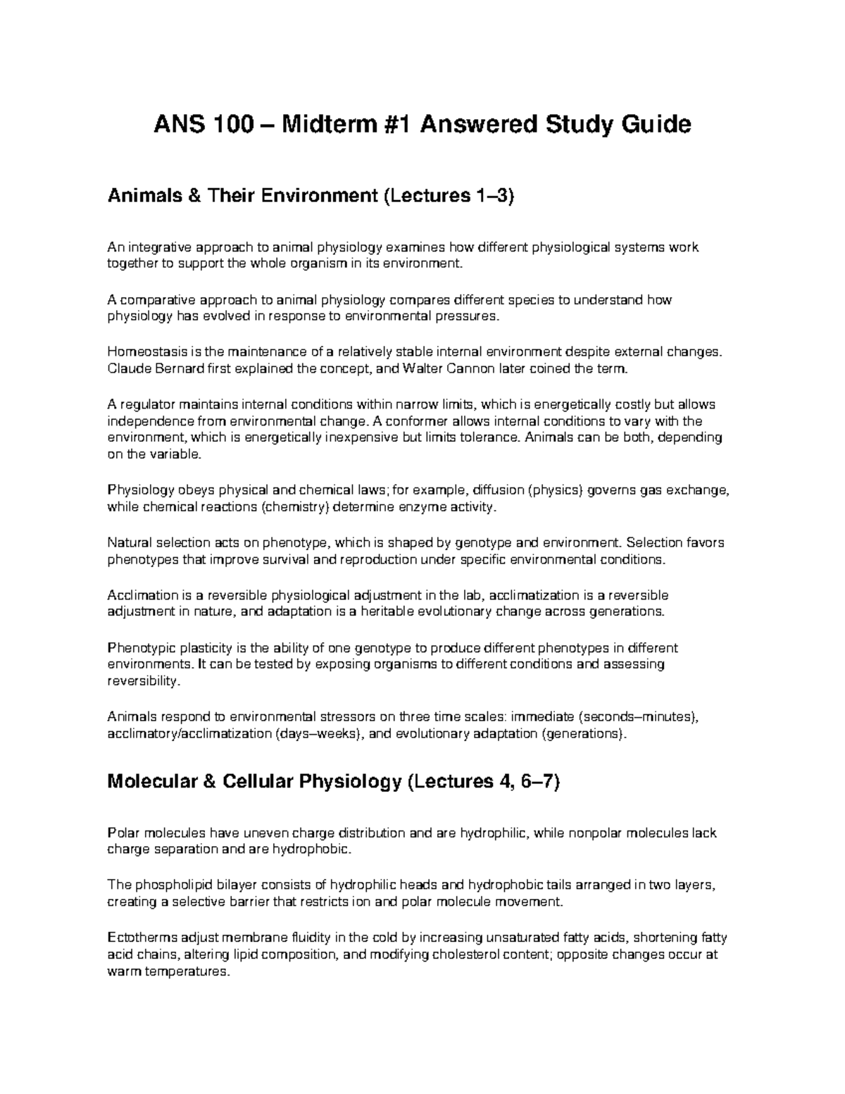 ANS 100 Midterm 1 Comprehensive Study Guide on Animal Physiology - Studocu