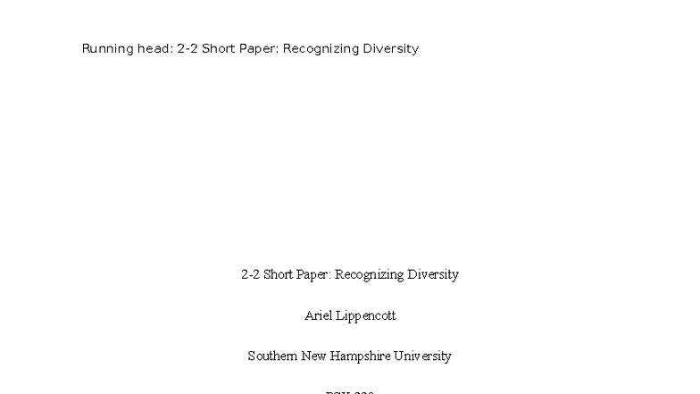 PSY230 2-2 Short Paper: Challenges of Recognizing Diversity in ...