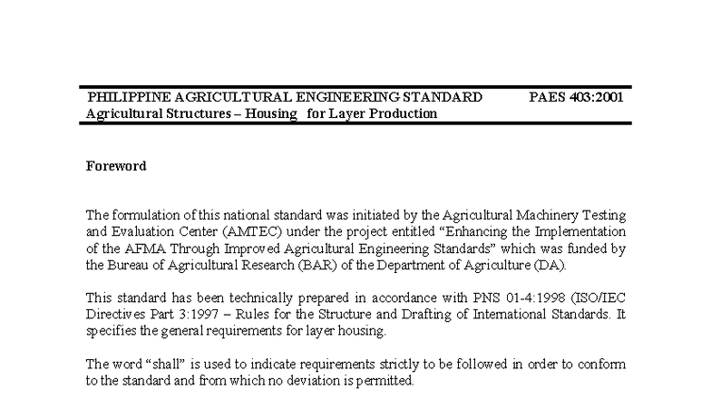 PAES 403:2001 Agricultural Structures for Layer Housing Standards - Studocu