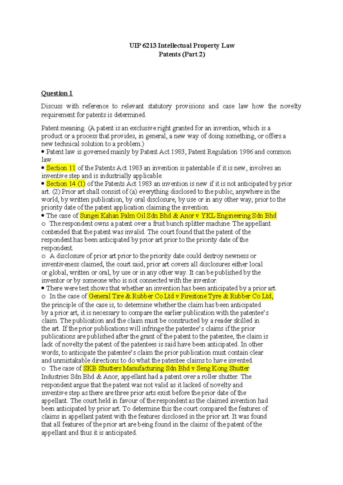 UIP 6213 - Tutorial 6: Patents II - Novelty Requirement & Case Law ...
