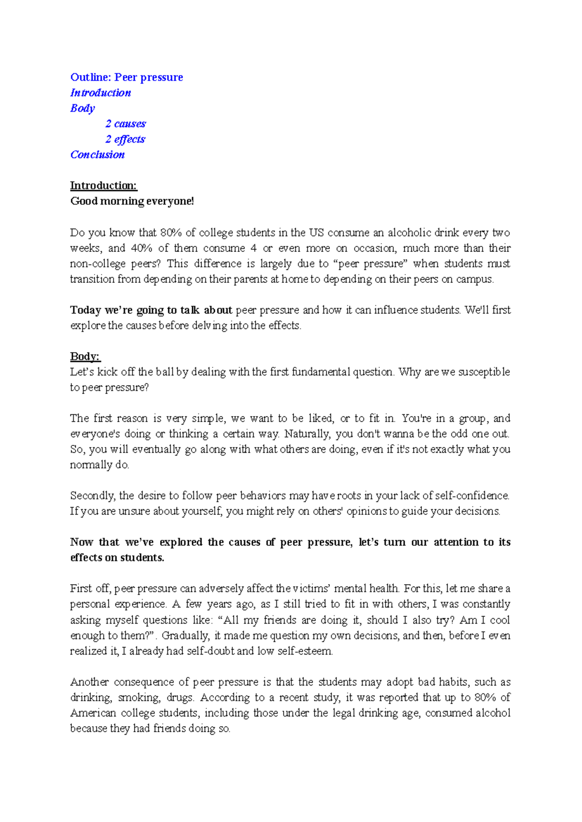 Outline: Cause and Effect of Peer Pressure on College Students - Studocu