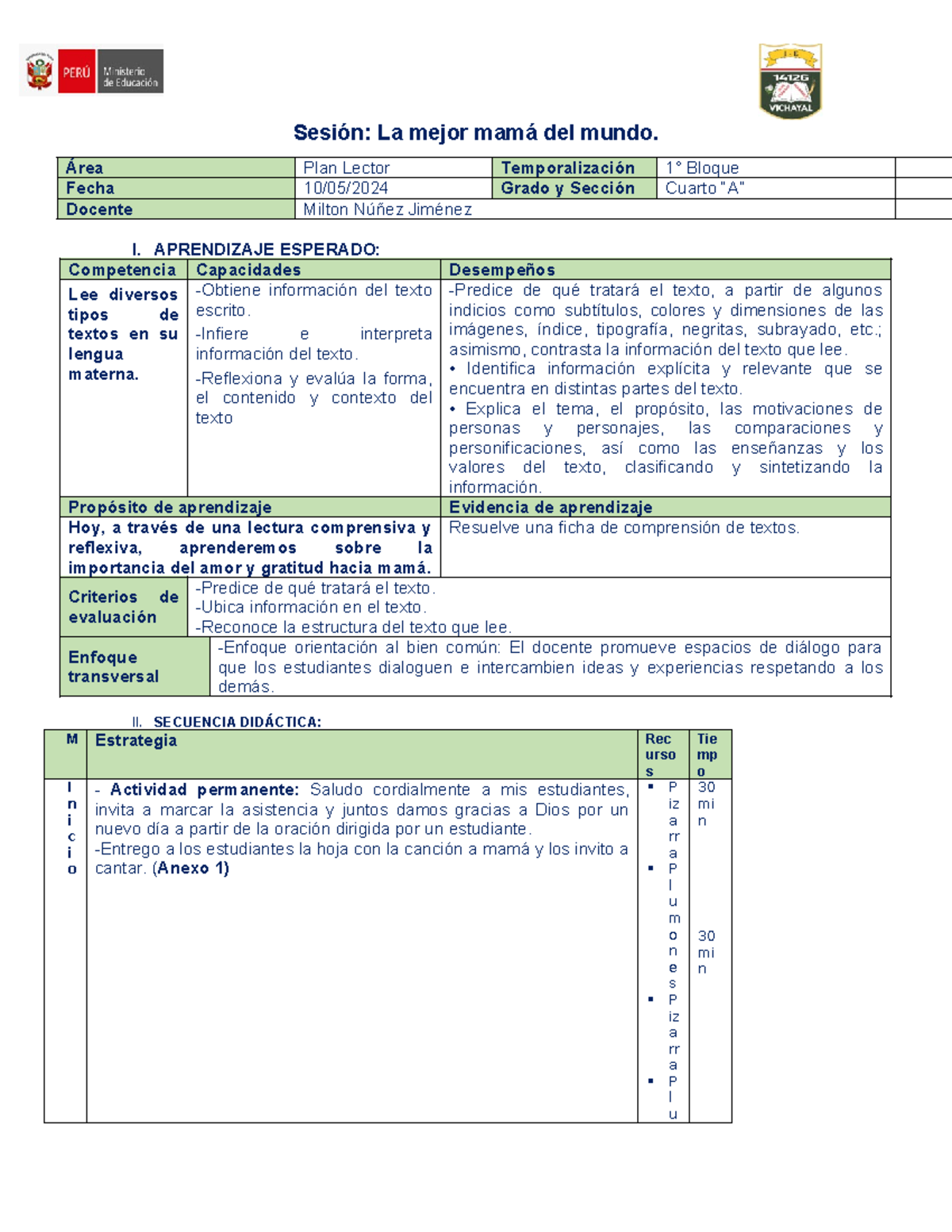 PLAN Lector LA Mejora y Gratitud hacia Mamá - Grado 4A - Studocu