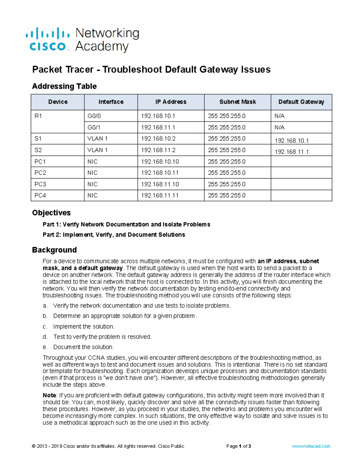 10.3.5 Packet Tracer - Default Gateway Troubleshooting Guide - Studocu