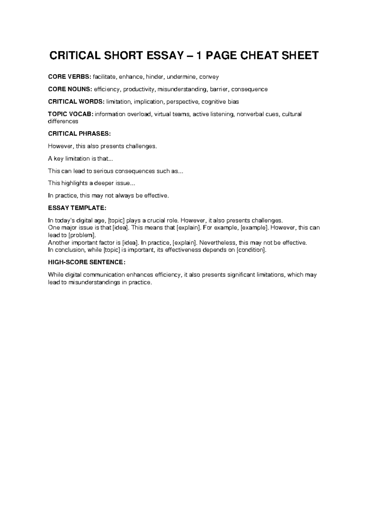 Critical Essay Flashcard: Key Concepts & Core Vocabulary - Studocu