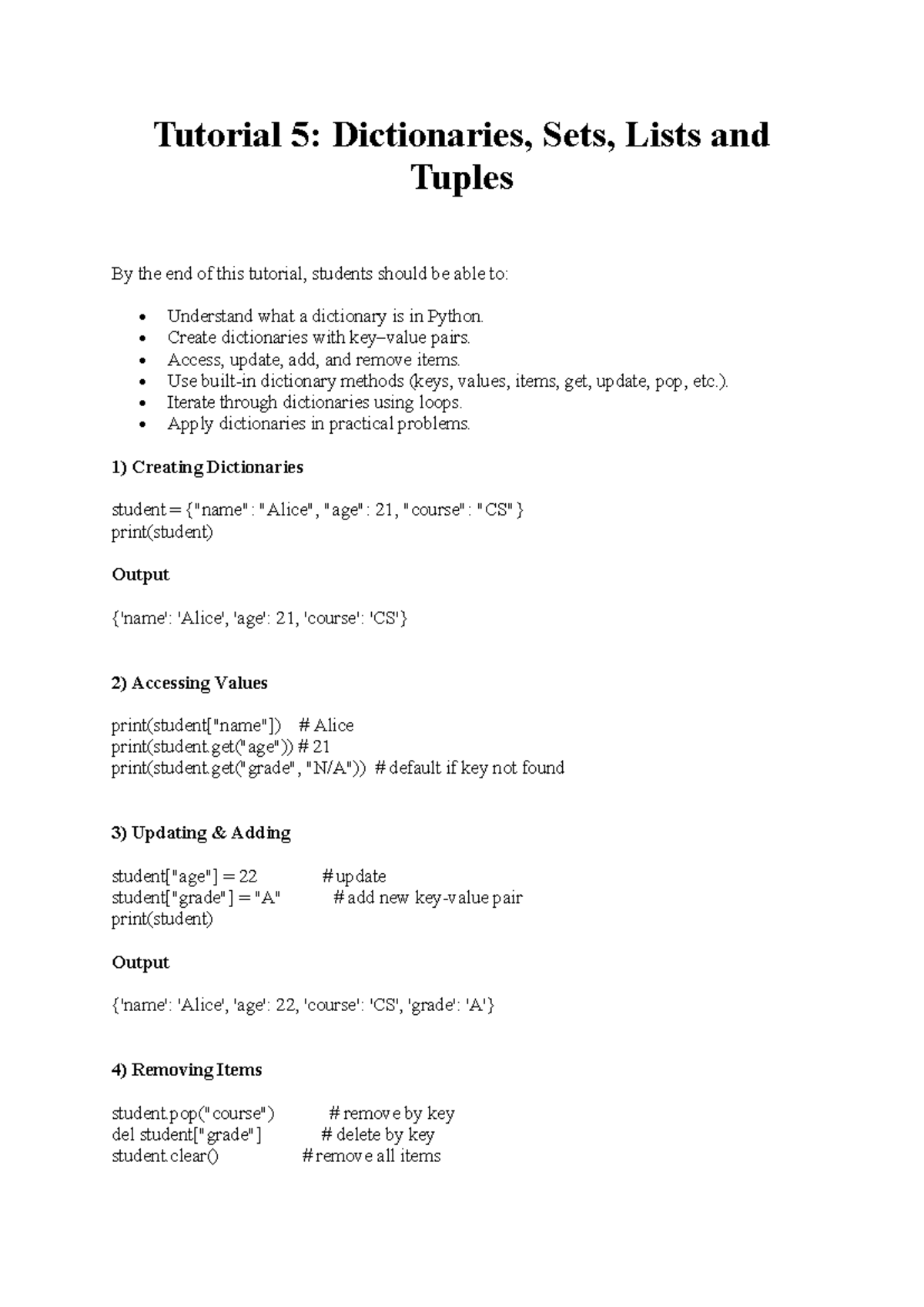 Tutorial 4: Python Data Structures - Dictionaries, Sets, Lists, Tuples - Studocu