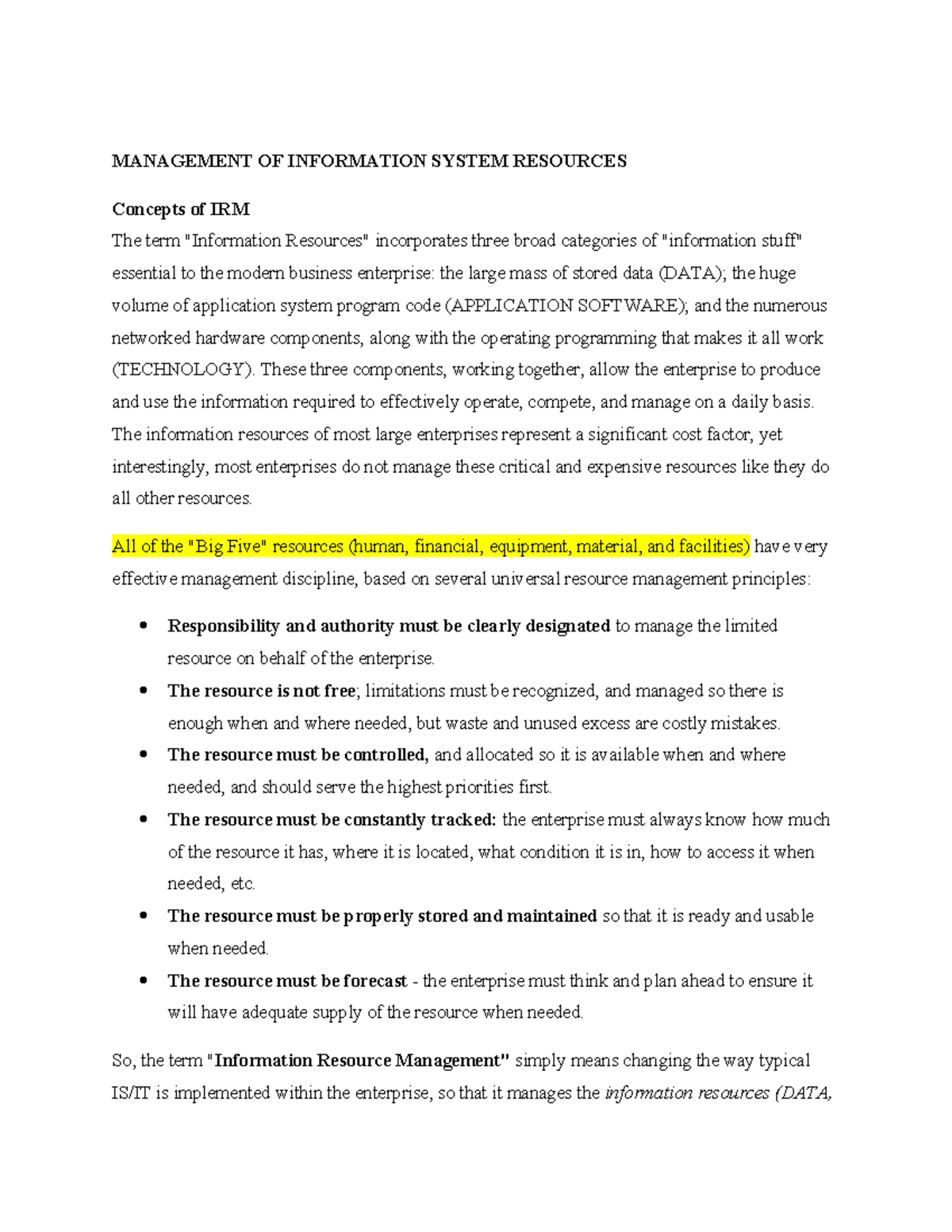 MIS 302 - Comprehensive Study Notes on Information Resource Management ...