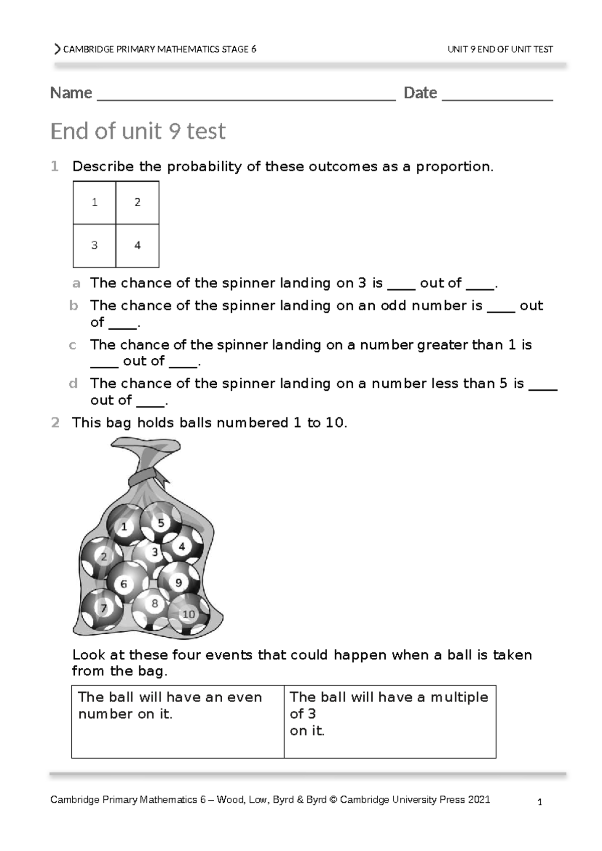 CAMBRIDGE PRIMARY MATHEMATICS STAGE 6 UNIT 9 PROBABILITY TEST - Studocu