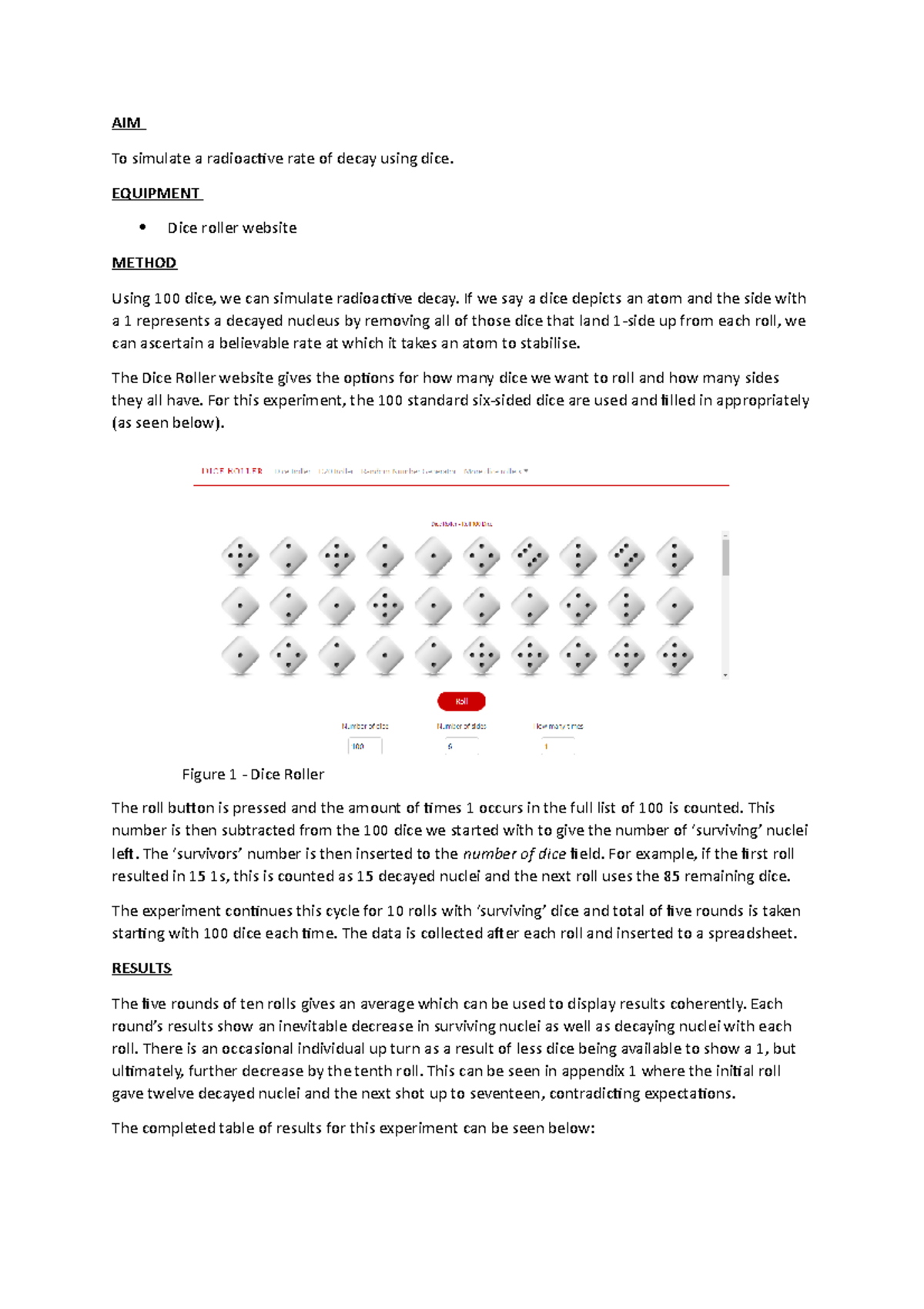Unit 12 - Dice Roll Experiment on Simulating Radioactive Decay - Studocu