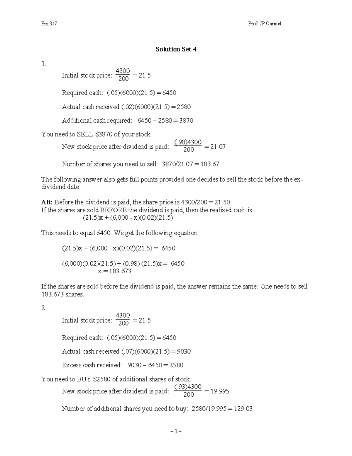 Fin 317 Prof. JP Carmel Solution Set 4 - Stock Analysis and Cash ...