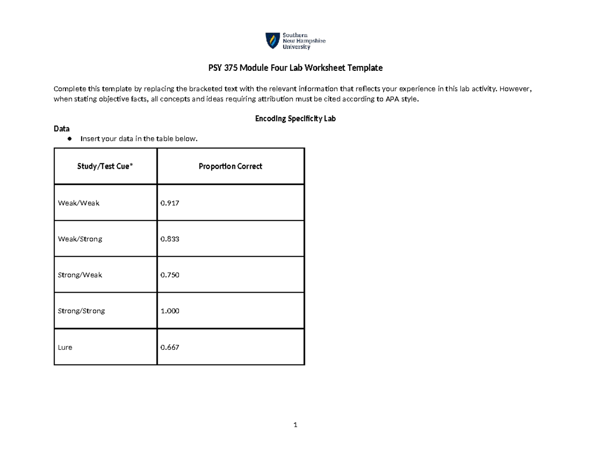 Psy375 - Module 4 Lab Worksheet: Encoding Specificity & Memory Theories ...