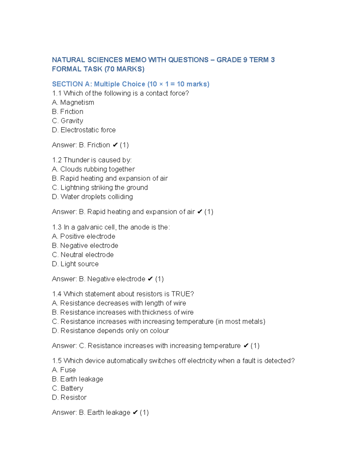 Natural Sciences Grade 9 Term 3 Formal Task Memo with Questions - Studocu