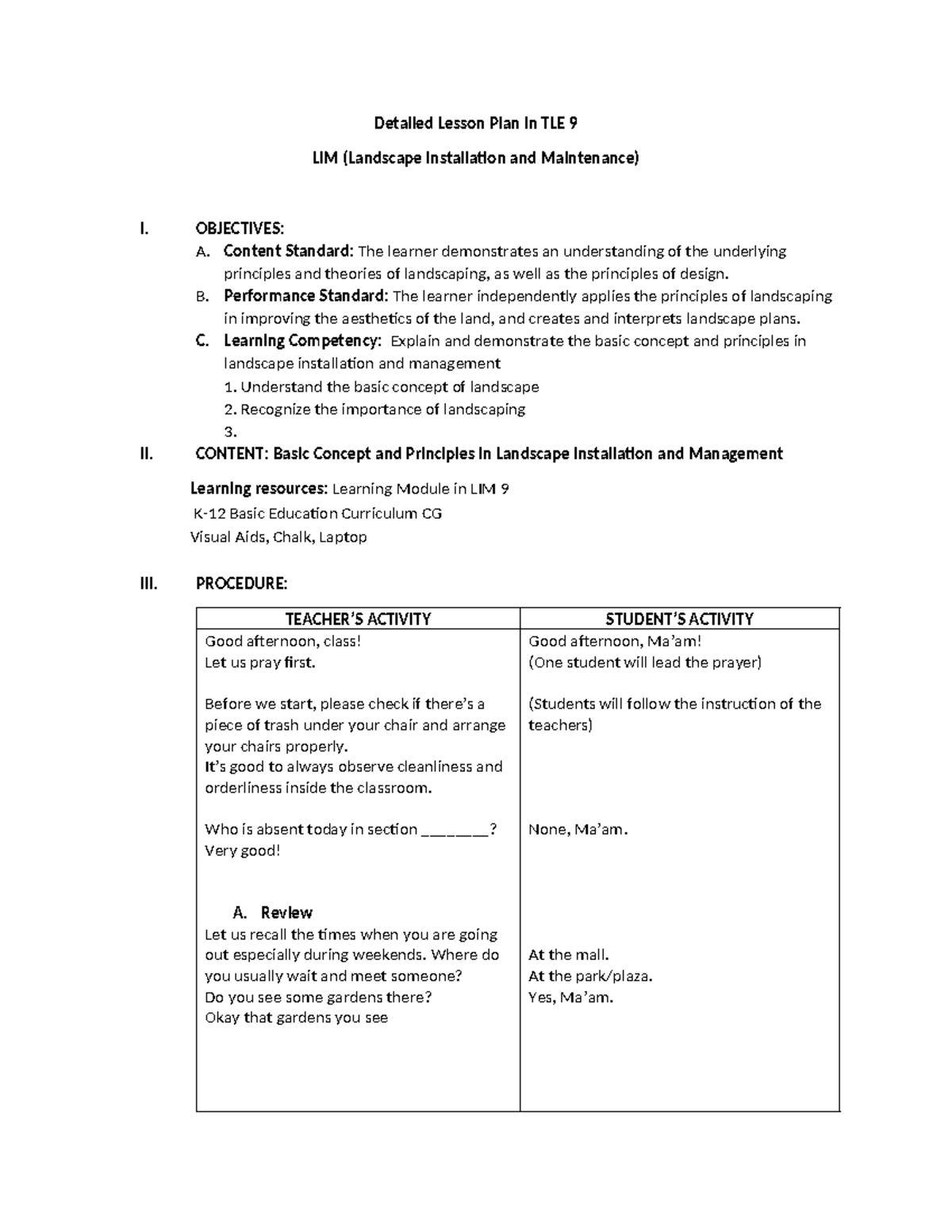 DLP - Detailed Lesson Plan for TLE 9: LIM (Landscape Installation ...