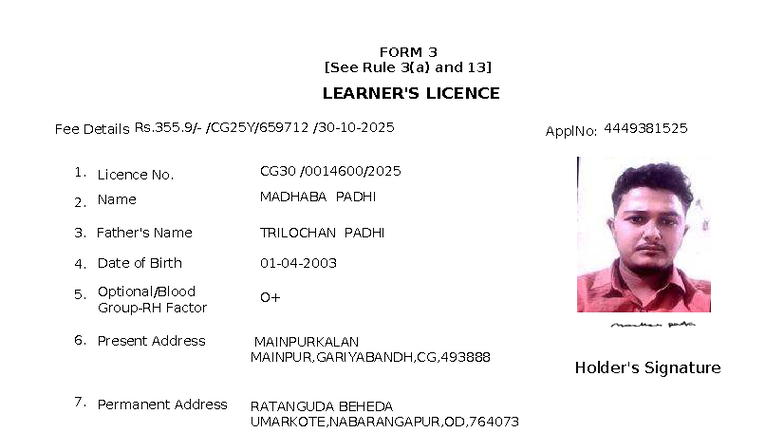 FORM 3 Learner Licence Details for Madhaba Padhi - CG30 - Studocu