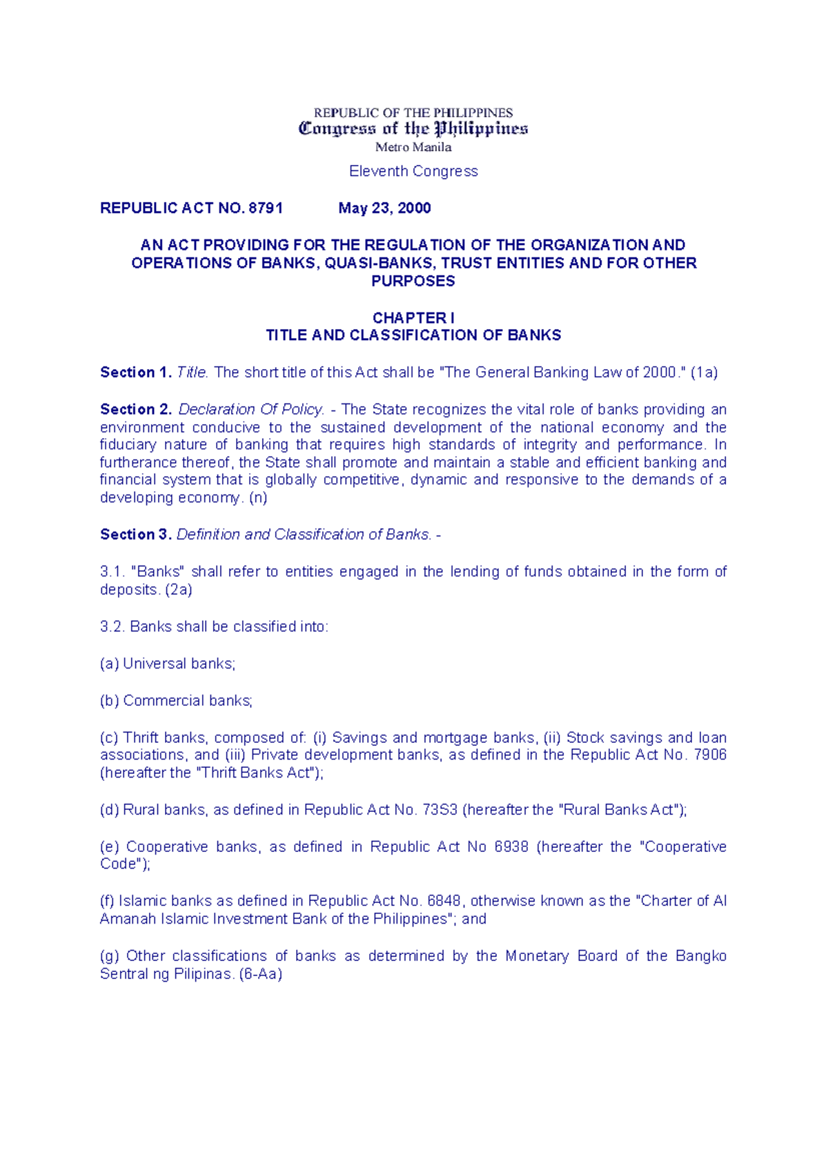 Republic Act No. 8791 - General Banking Law Overview and Notes - Studocu
