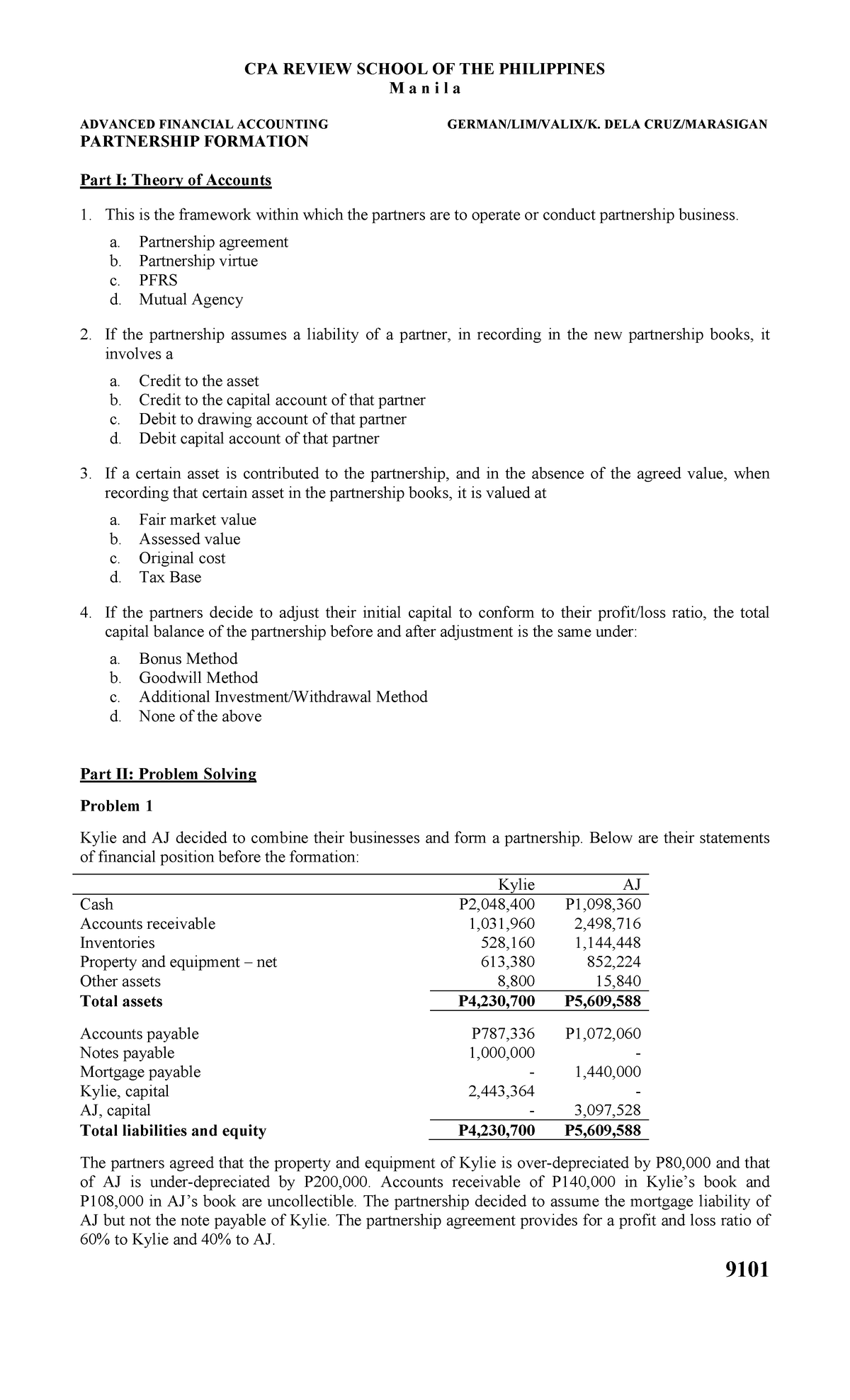 9101 - Partnership Formation Theory & Problem Solving Practice Set ...