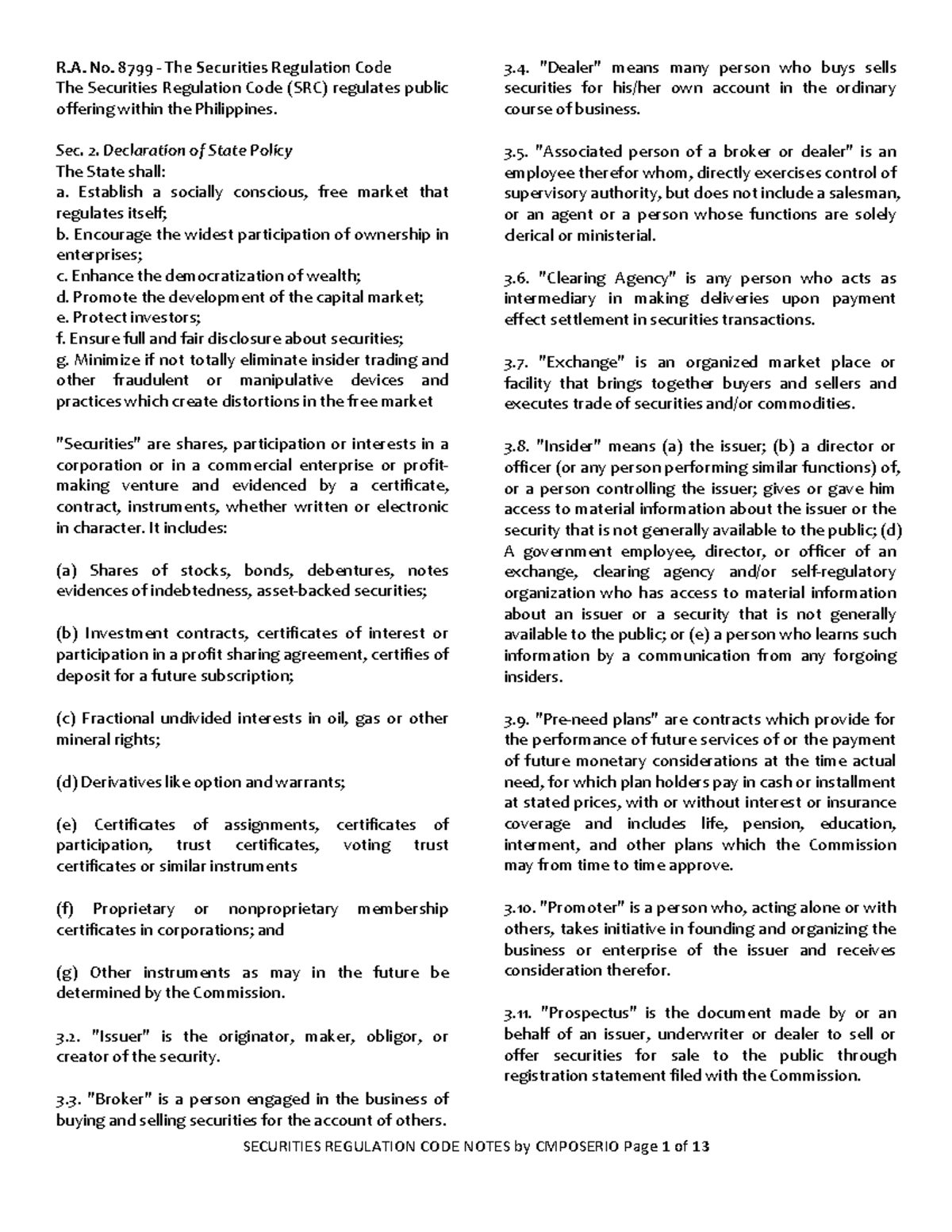 SRC-Reviewer: Comprehensive Notes on R.A. No. 8799 - Securities ...