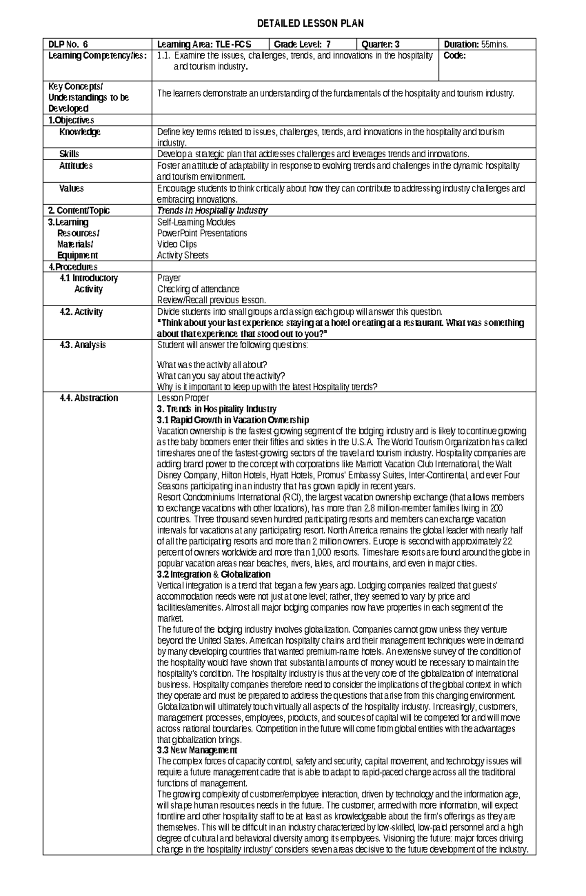DLP-3rd quarter - DETAILED LESSON PLAN DLP No. 6 Learning Area: TLE -FCS Grade Level: 7 Quarter ...