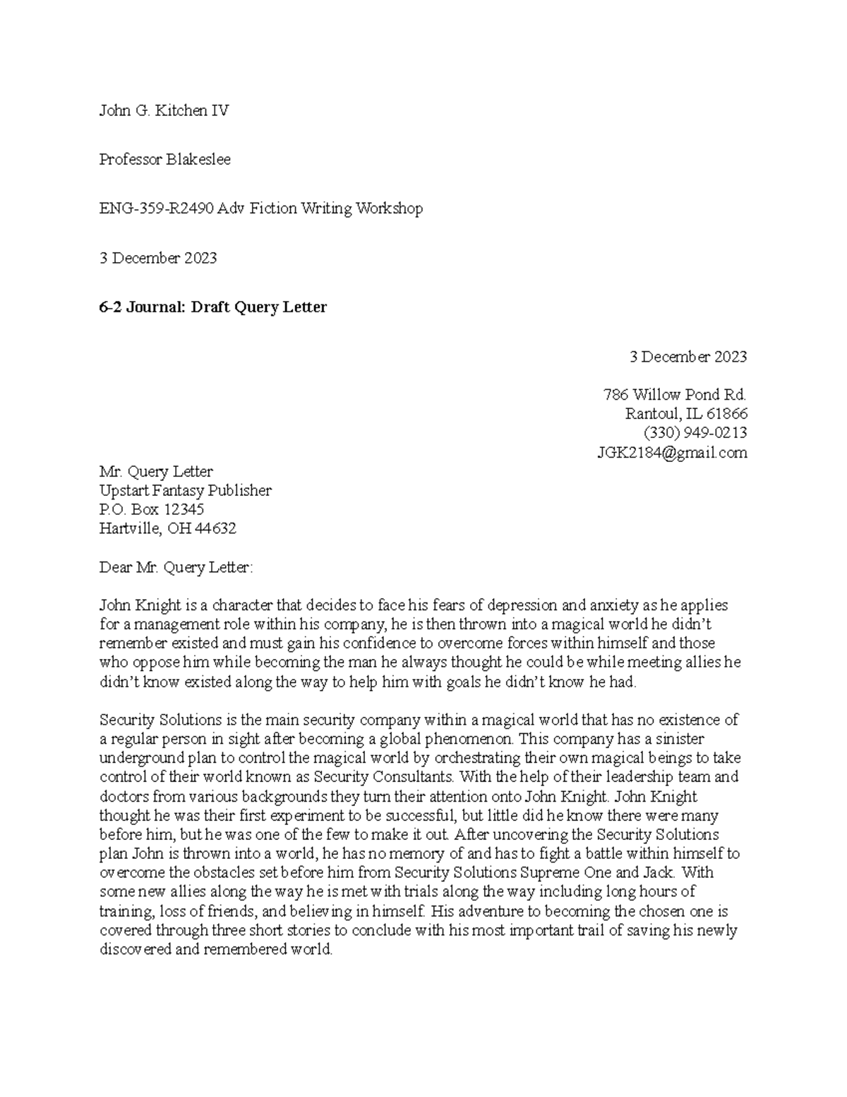 ENG-359-R2490 Final Draft Query Letter for Adv Fiction Writing - Studocu