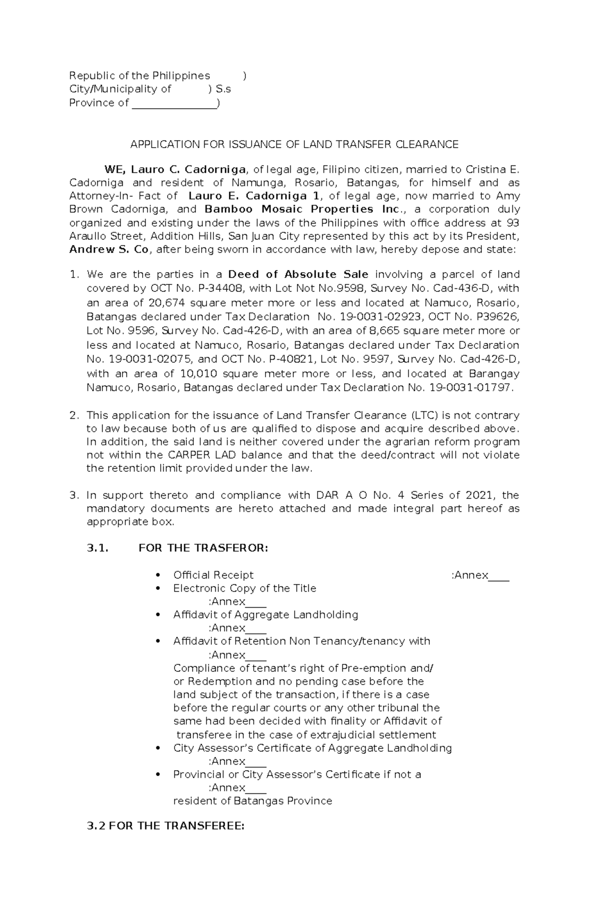 Application for Land Transfer Clearance in Batangas - Studocu