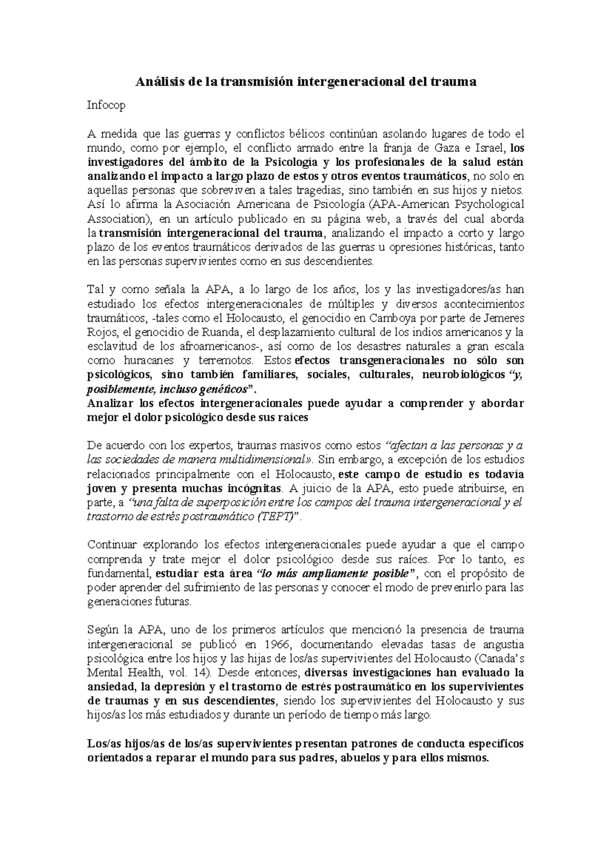 Transmisión Intergeneracional del Trauma: Análisis y Efectos (Infocop ...