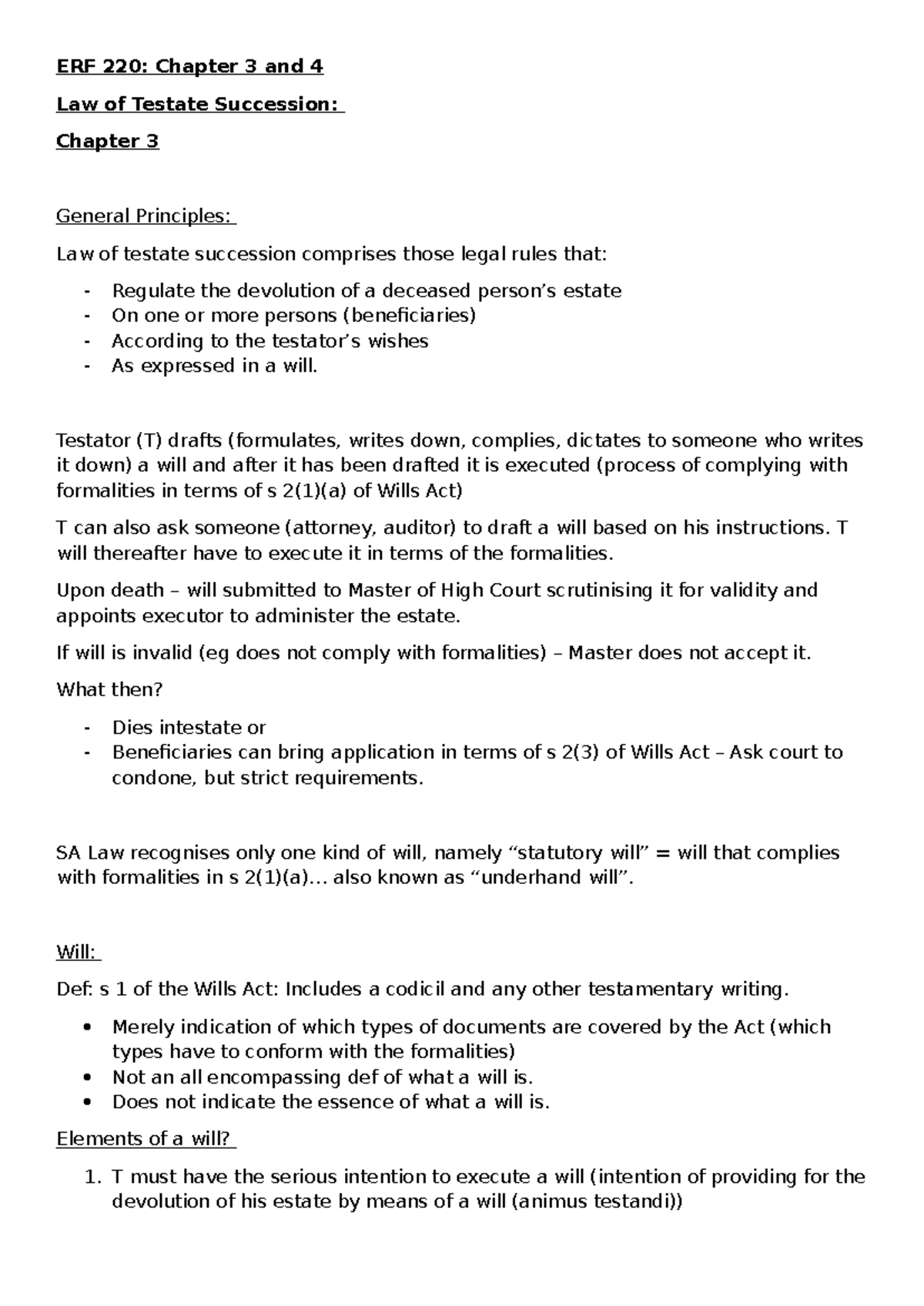 ERF 220: Law of Testate Succession - Chapters 3 & 4 Overview - Studocu