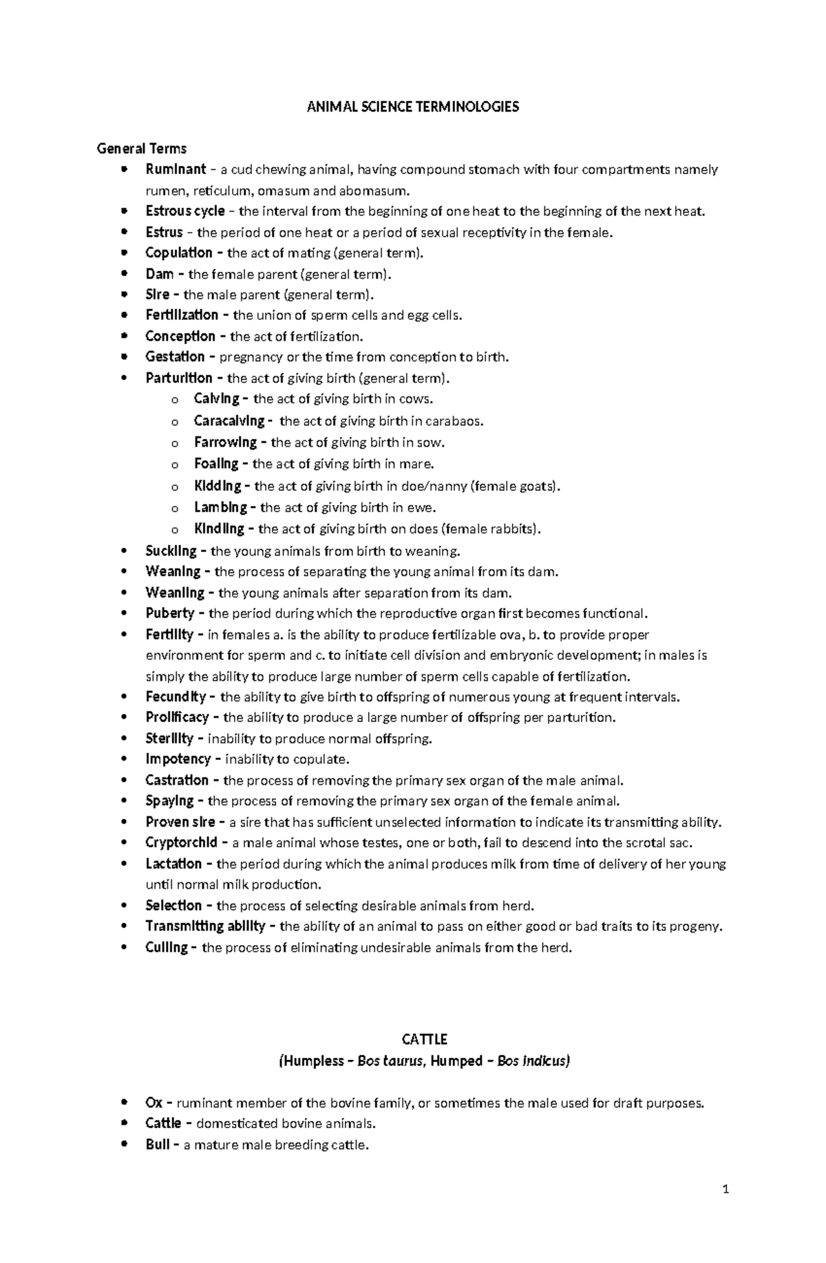 Animal Science Terminologies: Key Terms and Definitions - Studocu