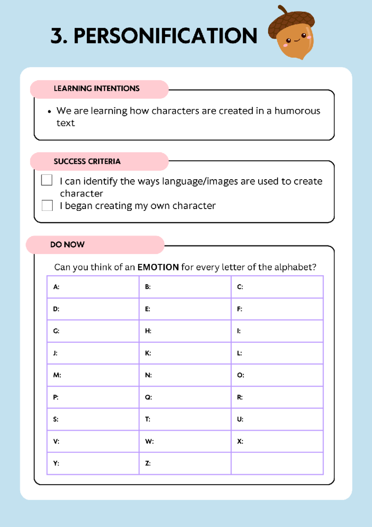 3. Personification: Character Creation & Learning Intentions - Studocu