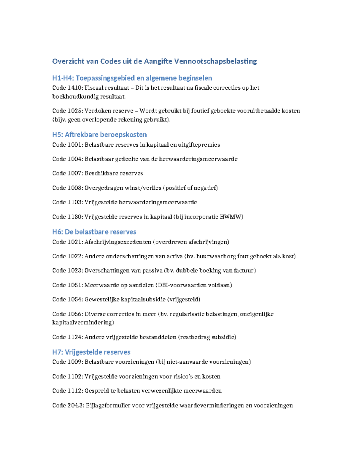 Overzicht van Codes Vennootschapsbelasting - Toepassingsgebied ...
