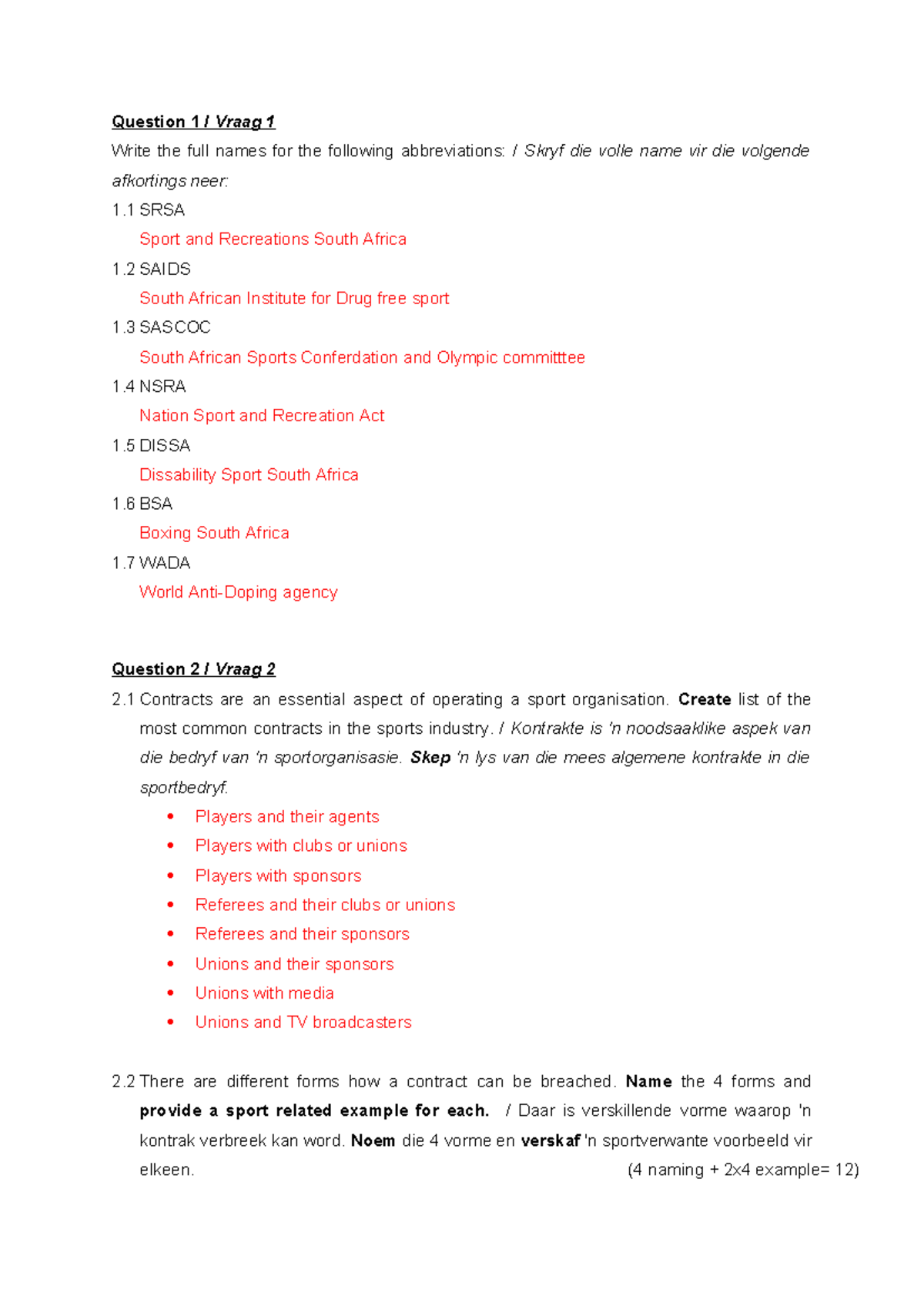 HMSC 312 Test 1 Memo: Abbreviations & Contract Breaches in Sports - Studocu