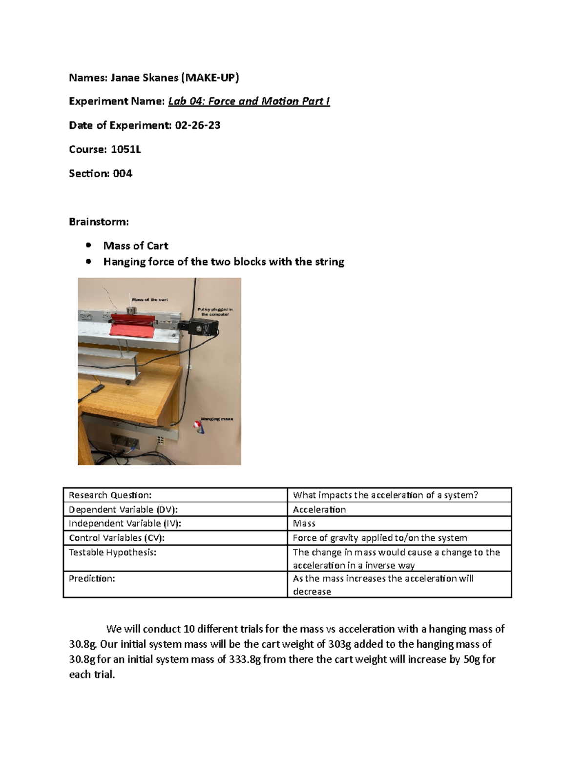 Lab 4 Make UP - Lab notes on Chapter four for physics lab - Names ...