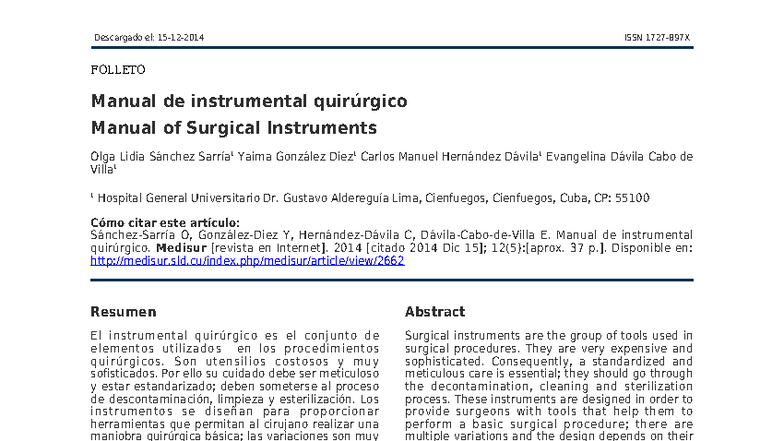 Manual de Instrumental Quirúrgico - Medisur 2014 - Studocu