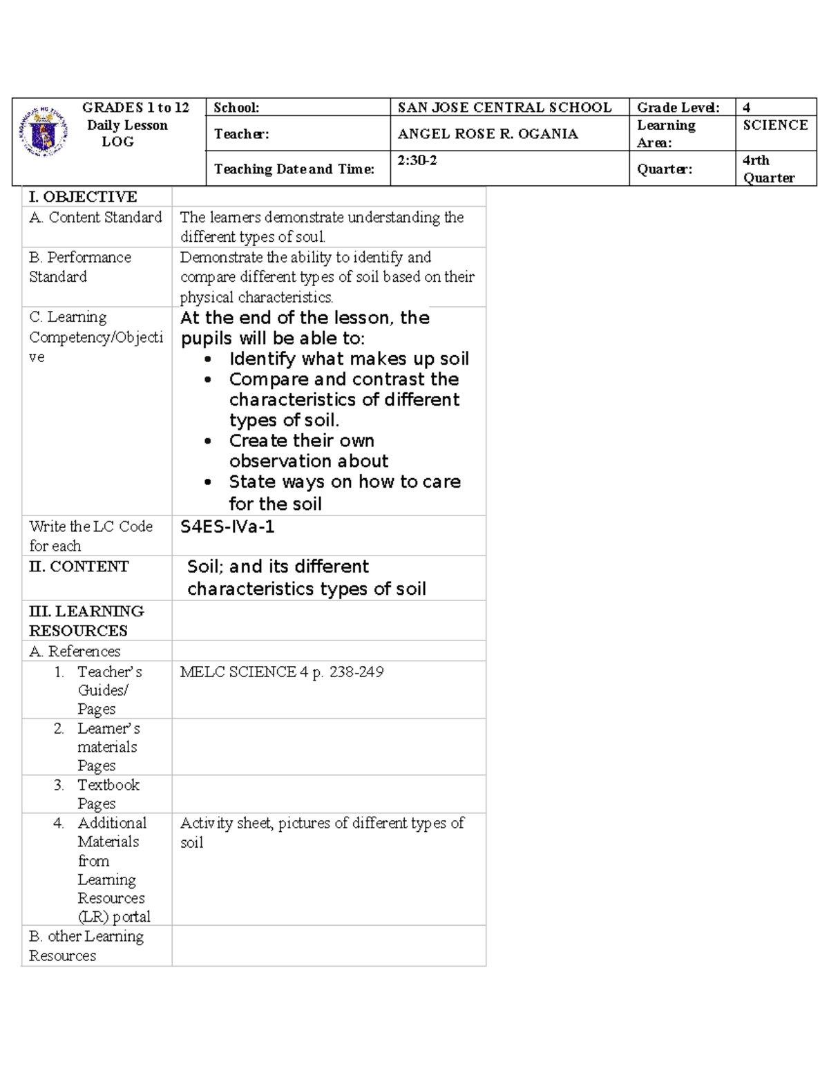 Science 4 - Semi-Detailed Lesson Plan on Soil Types and Characteristics ...