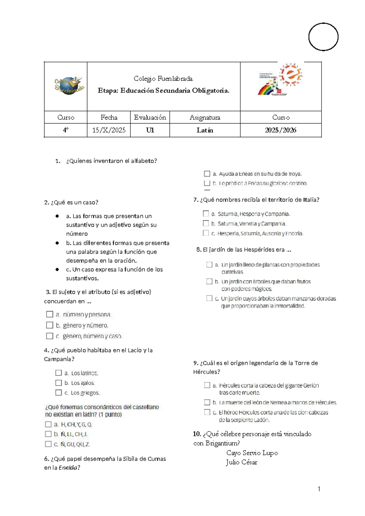 LAT 1E - Control de la 1ª Evaluación de Latín 4º ESO - Studocu