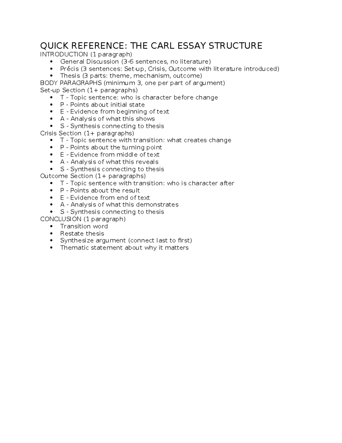ENG 101: Quick Reference for the CARL Essay Structure - Studocu