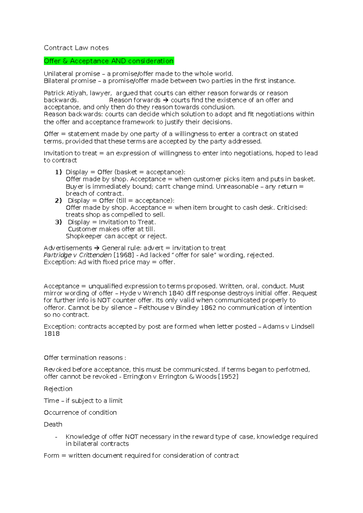 Contract Law Notes: Offer, Acceptance & Consideration Overview - Studocu