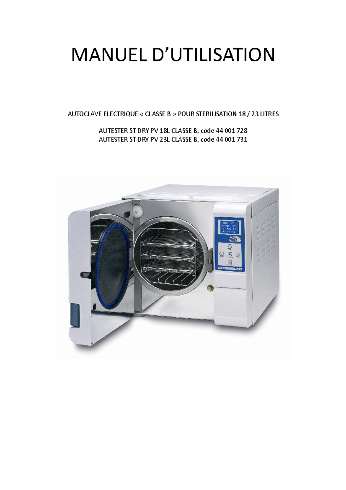 Manuel d'Utilisation de l'Autoclave Électrique Classe B 18/23L - Studocu