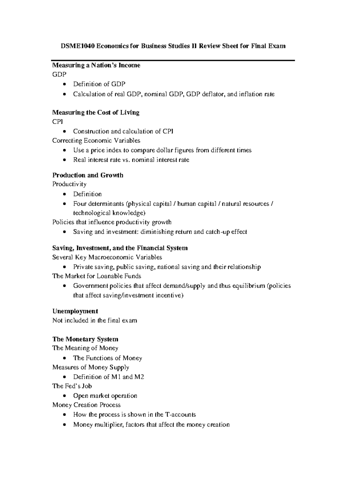 DSME1040 Final Exam Review Sheet: Economics for Business II - Studocu