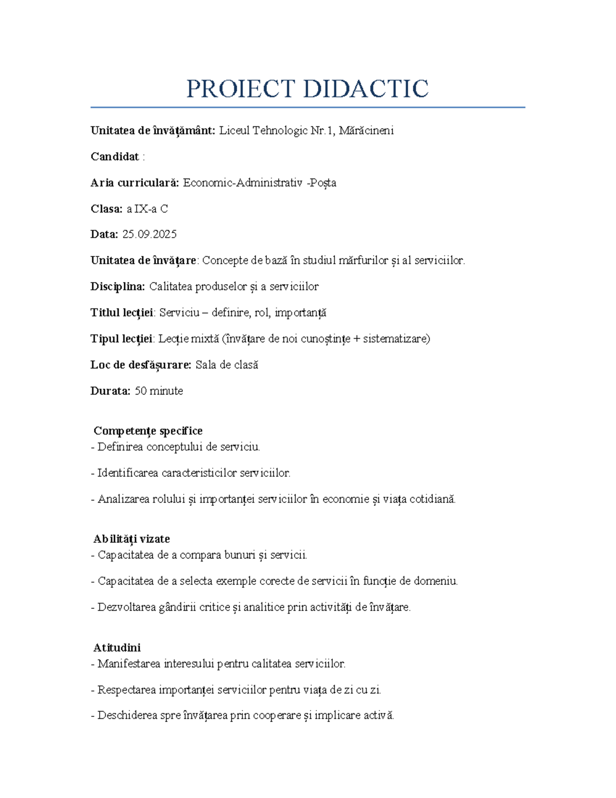 Proiect Didactic: Lecție despre Servicii - Clasa a IX-a - Studocu