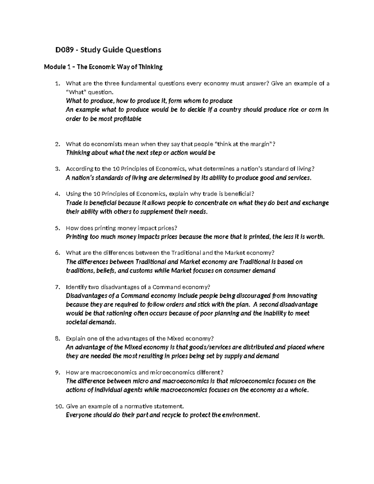 D089 Study Guide: Key Questions on Economic Principles and Concepts ...