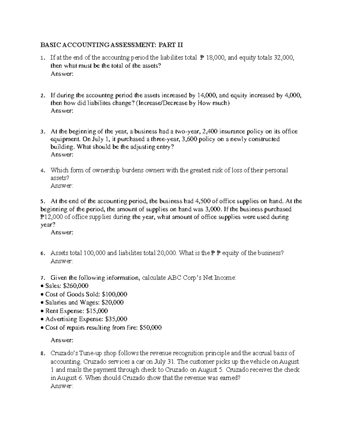 Basic Accounting Assessment 1: Part II Questions and Answers - Studocu