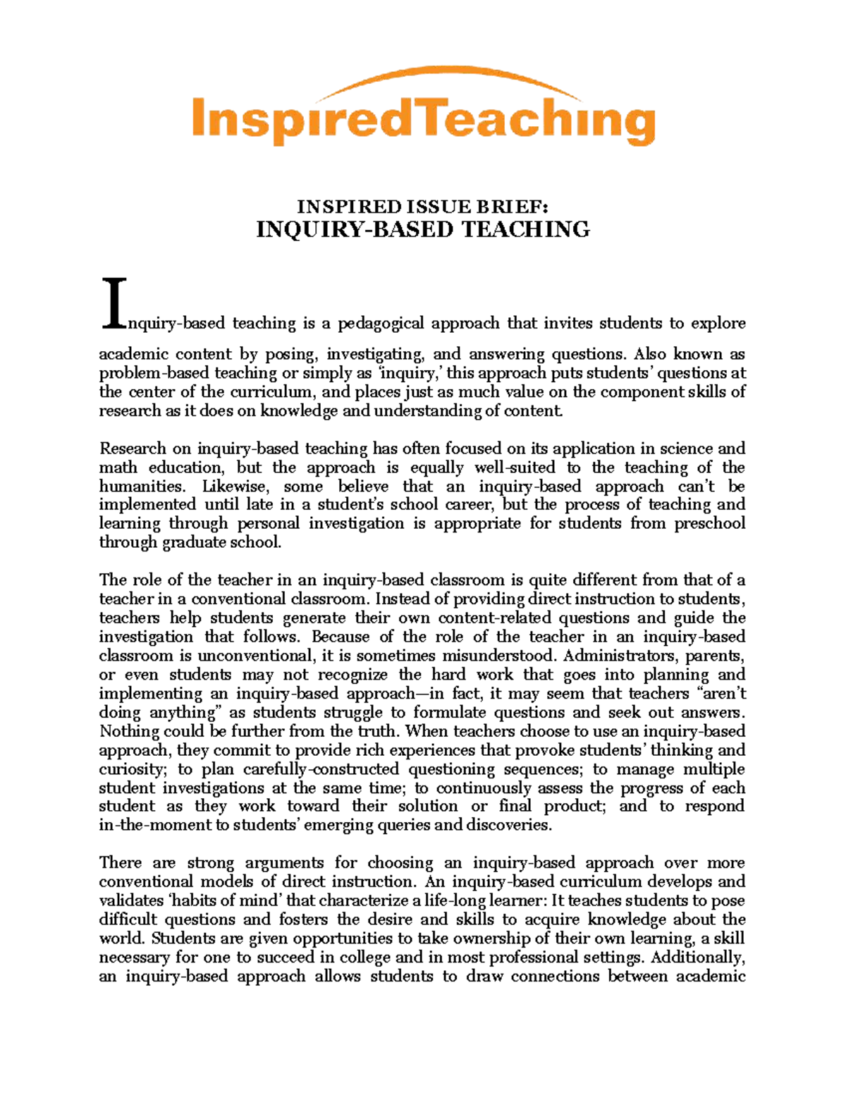 Inquiry-Based Teaching: Impact Research Briefs (INSPIRED) - Studocu